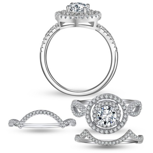 Halo Wedding Ring Set For Women Bridal Engagement Ring 2 Wedding Bands ...