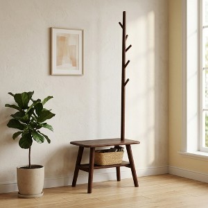 Solid Wood Shoe Stool With Cloth Hanger, Mid-Century Modern Storage ...
