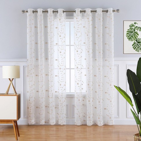 Trinity Embroidered Floral Sheer Curtains Grommet Voile Drapes For ...