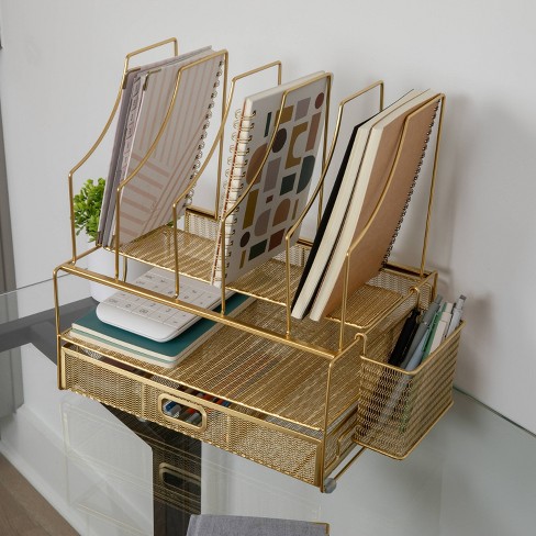 Martha Stewart Large 8 Slot Metal Mesh Desktop Organizer Gold