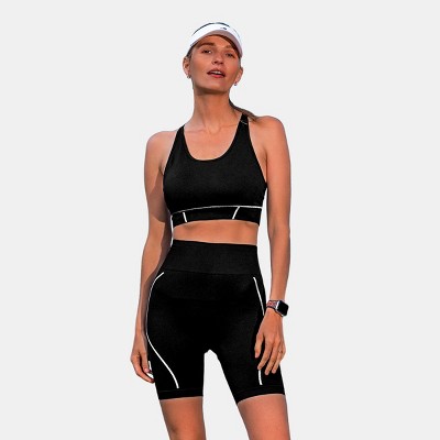Women's Black High-waisted Bike Shorts & Supportive Sports Bra Workout ...