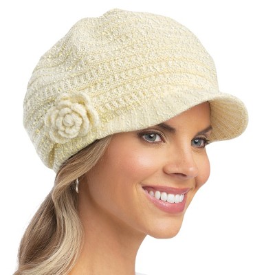 Collections Etc Lurex Ribbed Knit Crochet Flower Accented Hat No Size ...
