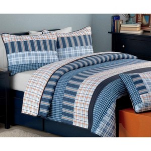 Quilt Salina Navy Striped Plaid Patchwork Cotton Reversible Bedding Set ...