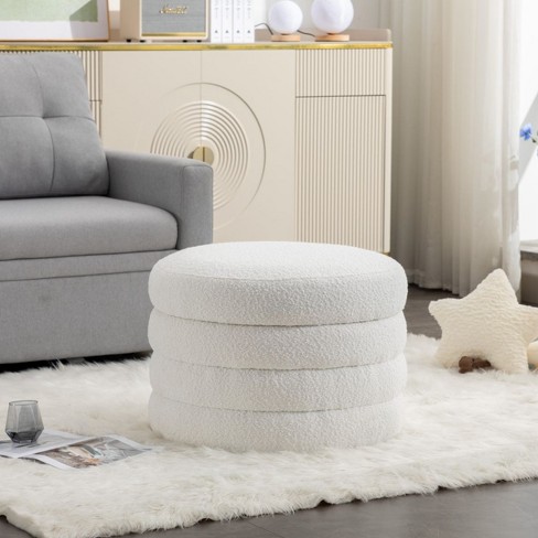 Ivory Boucle Storage Round Ottoman,donut Ottoman,shoe Changing Bench ...