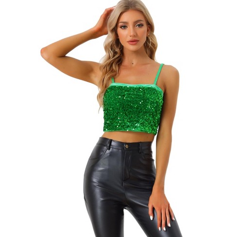 Allegra K Women's Velvet Spaghetti Strap Club Party Crop Sequined Cami ...