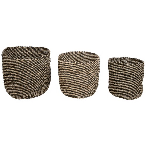 Northlight Set Of 3 Striped Beige And Black Woven Seagrass Storage ...