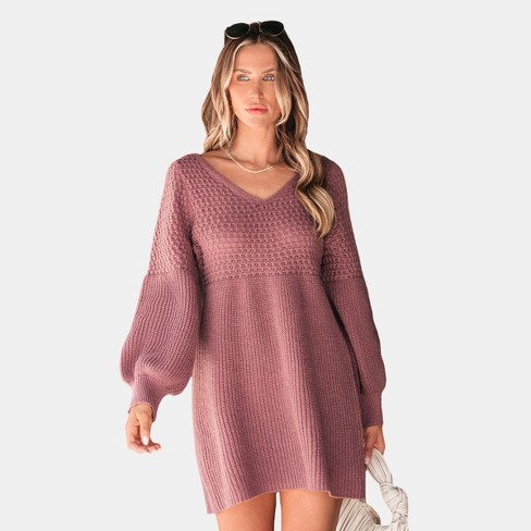 Women's Honeycomb Knit V-neck Mini Sweater Dress - Cupshe-m-pink : Target