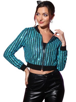 Allegra K Women's Glitter Sparkle Long Sleeve Front Zip Party Shiny ...