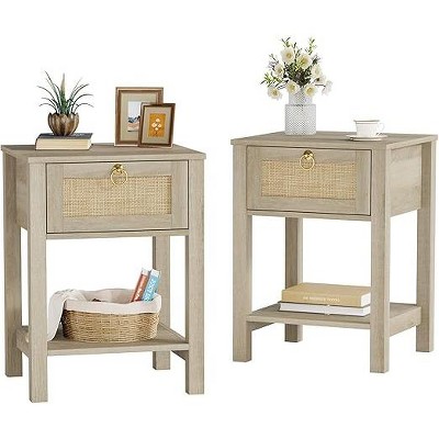 Gericco Rattan Nightstand Boho End Table with Drawer and Storage Shelf ...
