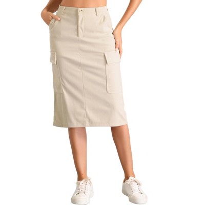 Allegra K Women's High Waisted Elastic Back Corduroy Midi Cargo Skirts ...