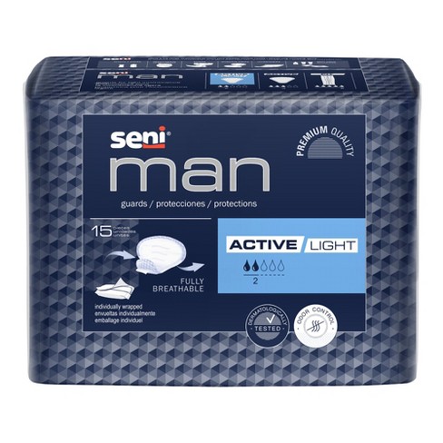 Seni Man Active Light Male Incontinent Pad Cup Shape 7-1/2 X 9-3/10 Inch S-al15-us1, 15 Ct : Target