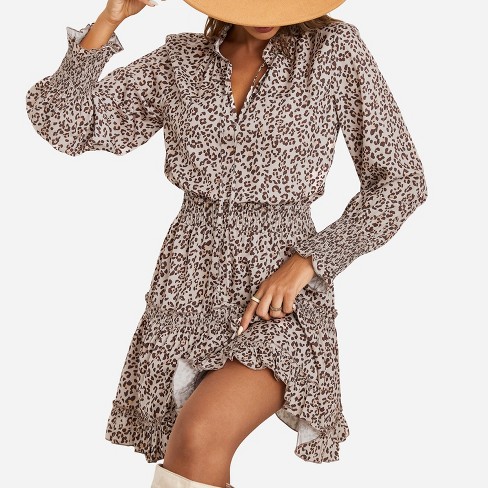 Women's Long Sleeve Leopard Elastic Mini Dress - Cupshe -light Brown ...