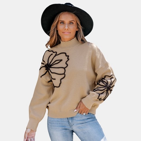 Women's Khaki/black Long Sleeve Turtleneck Sweater - Cupshe : Target