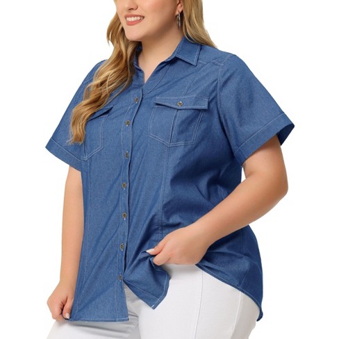 Agnes Orinda Women's Plus Size Chambray Work Short Sleeve Full Placket Button Down Shirts Dark ...