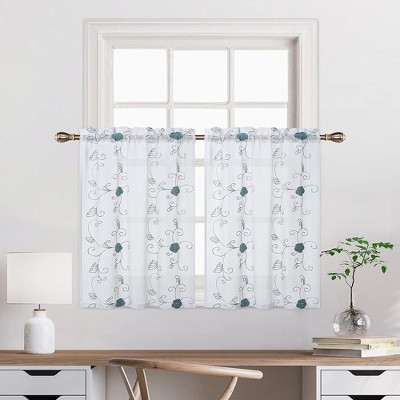 Floral Embroidered Voile Sheer Kitchen Tier Curtains, Beige, 52" X 30 ...
