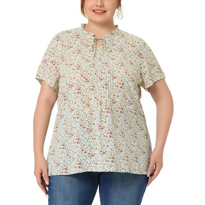 Agnes Orinda Women's Plus Size Ruffle Pleated Tie Short Sleeve Floral ...