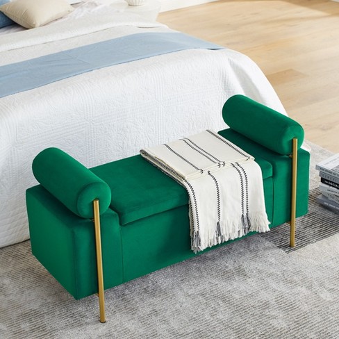 Upholstered Linen Storage Bench With Cylindrical Arms And Iron Legs For ...
