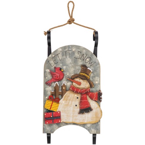 Northlight 17" Led Lighted Wooden Sled With Snowman And Cardinal ...