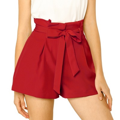 Allegra K Women's High Waist Bow Tie Short Paper Bag Shorts Dark Red ...