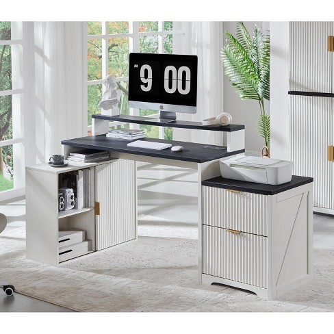 Modern 67" L-shaped Desk With Storage Cabinet & Drawers, Wood Home ...
