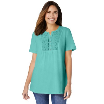 Woman Within Women's Plus Size Eyelet Henley Tee - 2x, Island Aqua : Target