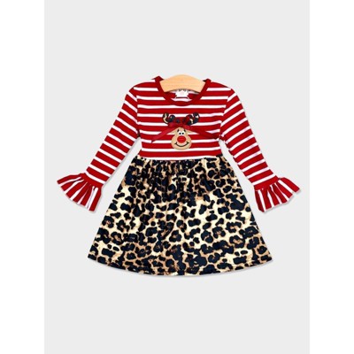 Wild For Rudolph Striped Leopard Print Dress Mia Belle Girls, Burgundy ...