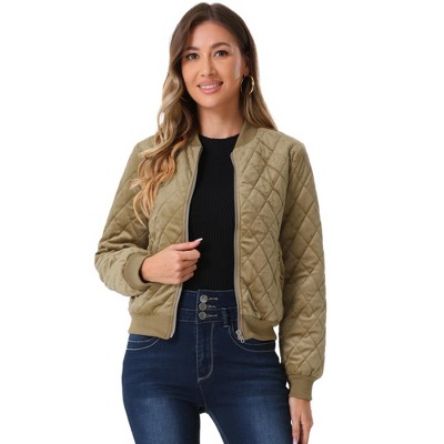 INSPIRE CHIC Women's Zip Up Long Sleeve Velvet Surface Diamond Quilted ...