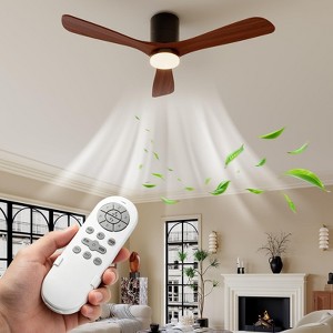 52 Inch Low Profile Flush Mount Ceiling Fan, Solid Wood Blades, 6 Speed ...