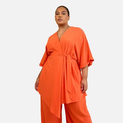 Rebdolls Women's Nayeli Linen Longline Wrap Blouse - Orange - 1x : Target