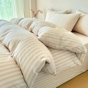 BALHAM TRADE-Beige Striped Queen Duvet Cover Set 100% Washed Cotton ...