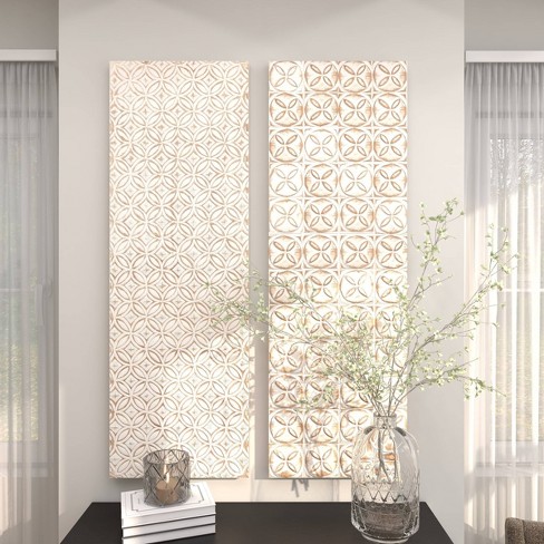 Set Of 2 Wooden Geometric Intricately Carved Wall Decors White - Olivia ...