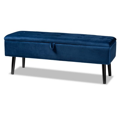 Caine Velvet Wood Storage Bench Navy Blue/Dark Brown - Baxton Studio ...