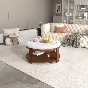 XIYUYEU Large Round Ottoman Coffee Table 2 Tier Button Tufted Upholstered with Shelf Ivory White