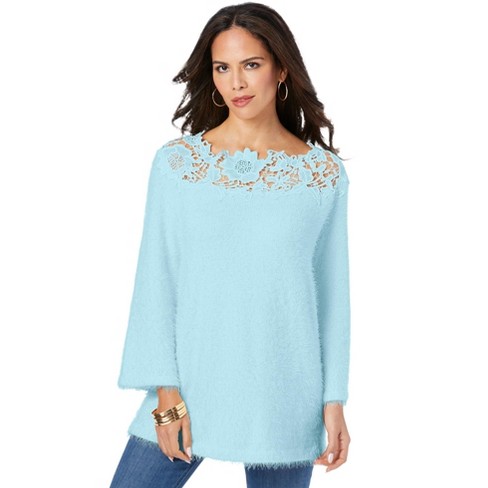 Roaman's Women's Plus Size Lace-neck Eyelash Sweater - 30/32, Ice Blue ...