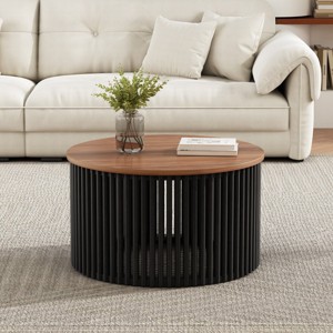 30" Round Fluted Coffee Table, Japandi Style Acacia Wood Veneer Drum ...