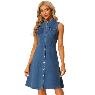 Allegra K Women's Sleeveless Button Down Distressed Midi Denim Shirt ...