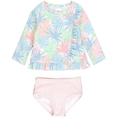 Rufflebutts Long Sleeve Ruffled Rash Guard 2-piece - Pastel Palms, Size ...
