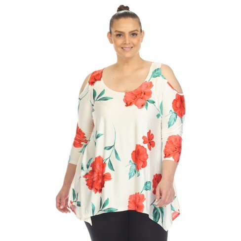 Plus Size Floral Printed Cold Shoulder Tunic White Red 1x -white Mark ...