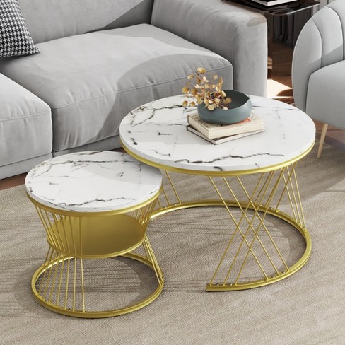 NicBex 2 in 1 Round Nesting Coffee Table with Storage Table Set with Brown Tempered Glass and High Gloss Marble Top Center Table for Living Room Gold