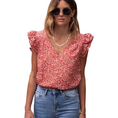 Amaryllis Women's Floral Print V-neck Ruffle Sleeve Top With Soft Drape ...