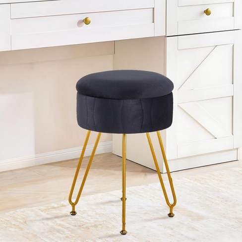 VECELO Vanity Stool with Storage Strong Metal Legs Velvet Chair Anti Slip Feet Padded Seat for Make Up Black