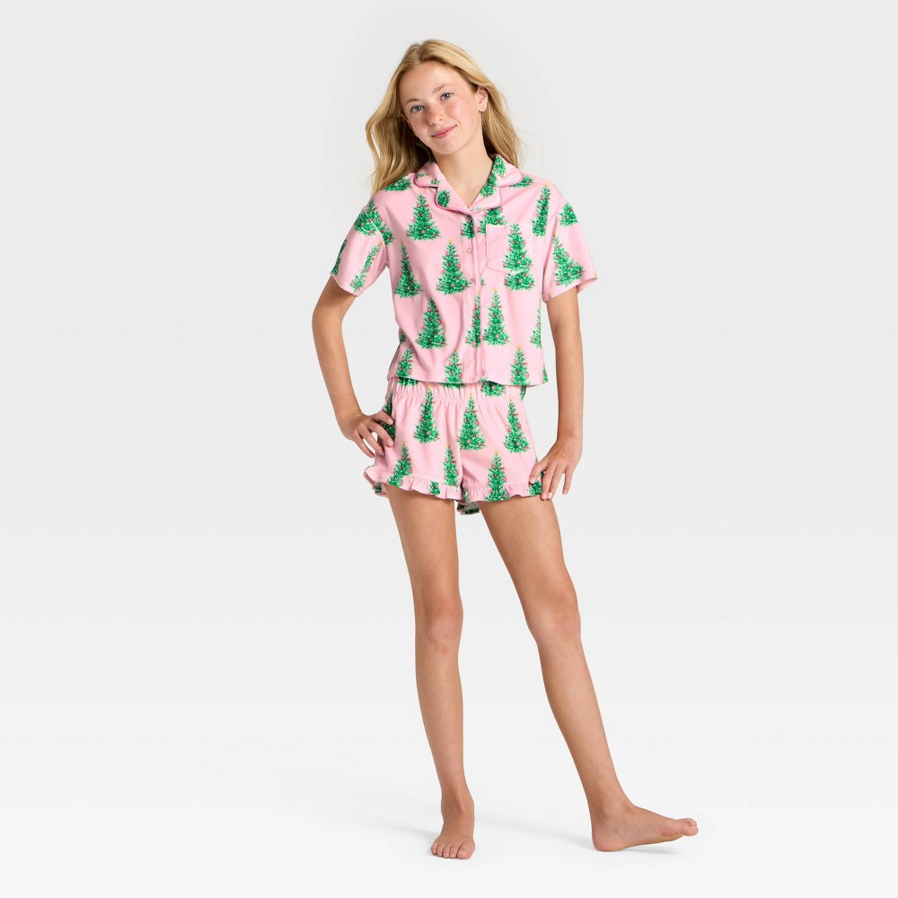 Girls' 2pc Holiday Short Sleeve Button-Down Pajama Set - art class ...