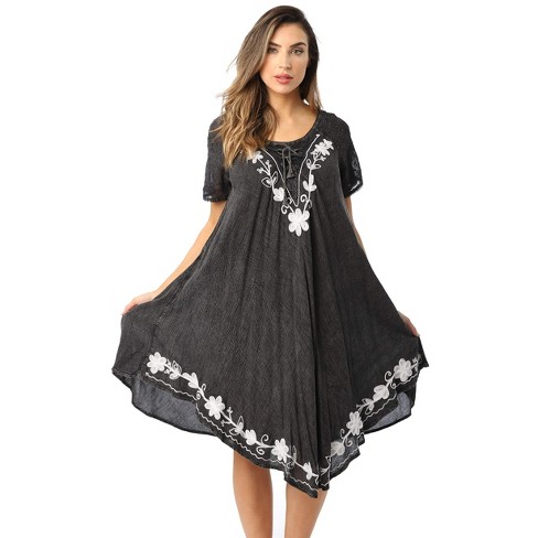 Riviera Sun Womens Short Sleeve Denim Embroidered Sundress - Lace Trim ...