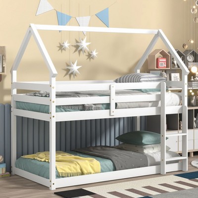 Twin Over Twin Loft Bed With Roof Design, Safety Guardrail And Ladder ...