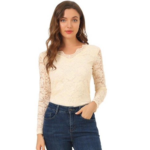 Inspire Chic Women's Floral Embroidery Sheer Long Sleeves Lace Blouse ...