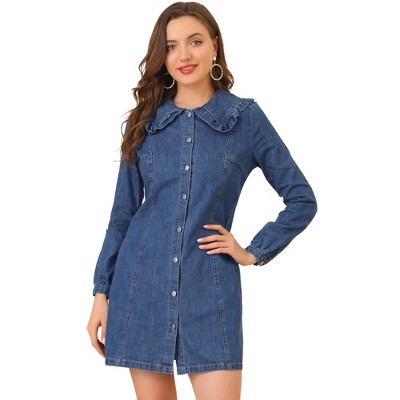 Allegra K Women's Button Down Long Sleeve Ruffle Collar Denim Dress ...
