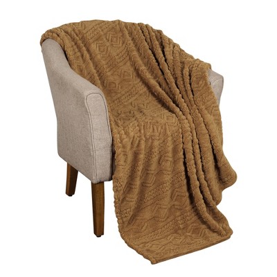 Boho Knit Jacquard Fleece Fluffy Blanket, Extra Long Throw, Camel ...