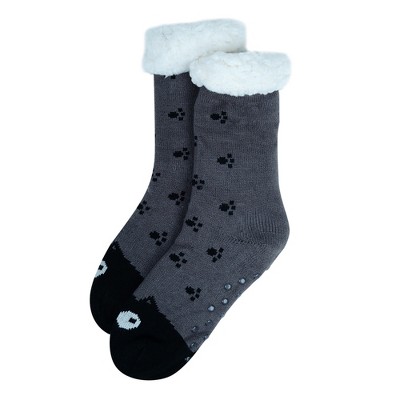 Women's Black And Gray Cat Plush Winter Fleece Lining Slipper Socks ...