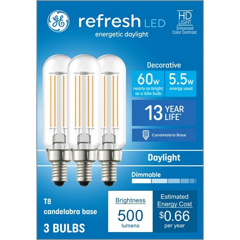 Ge 3pk 60w Refresh T8 Led Light Bulbs Daylight: E12 Candelabra Base ...