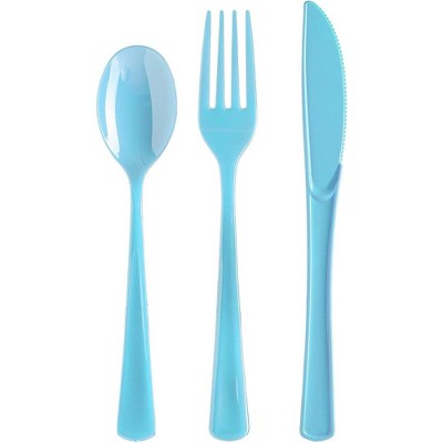 Exquisite Light Blue Plastic Utensil Cutlery Set Forks Spoons Knives ...